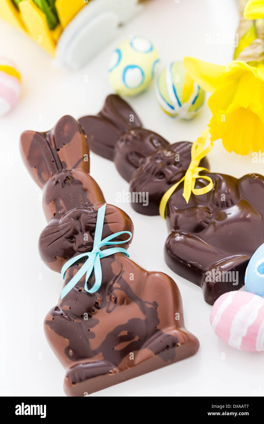 Easter chocolate bunnies made from solid milk and dark chocolate Stock ...