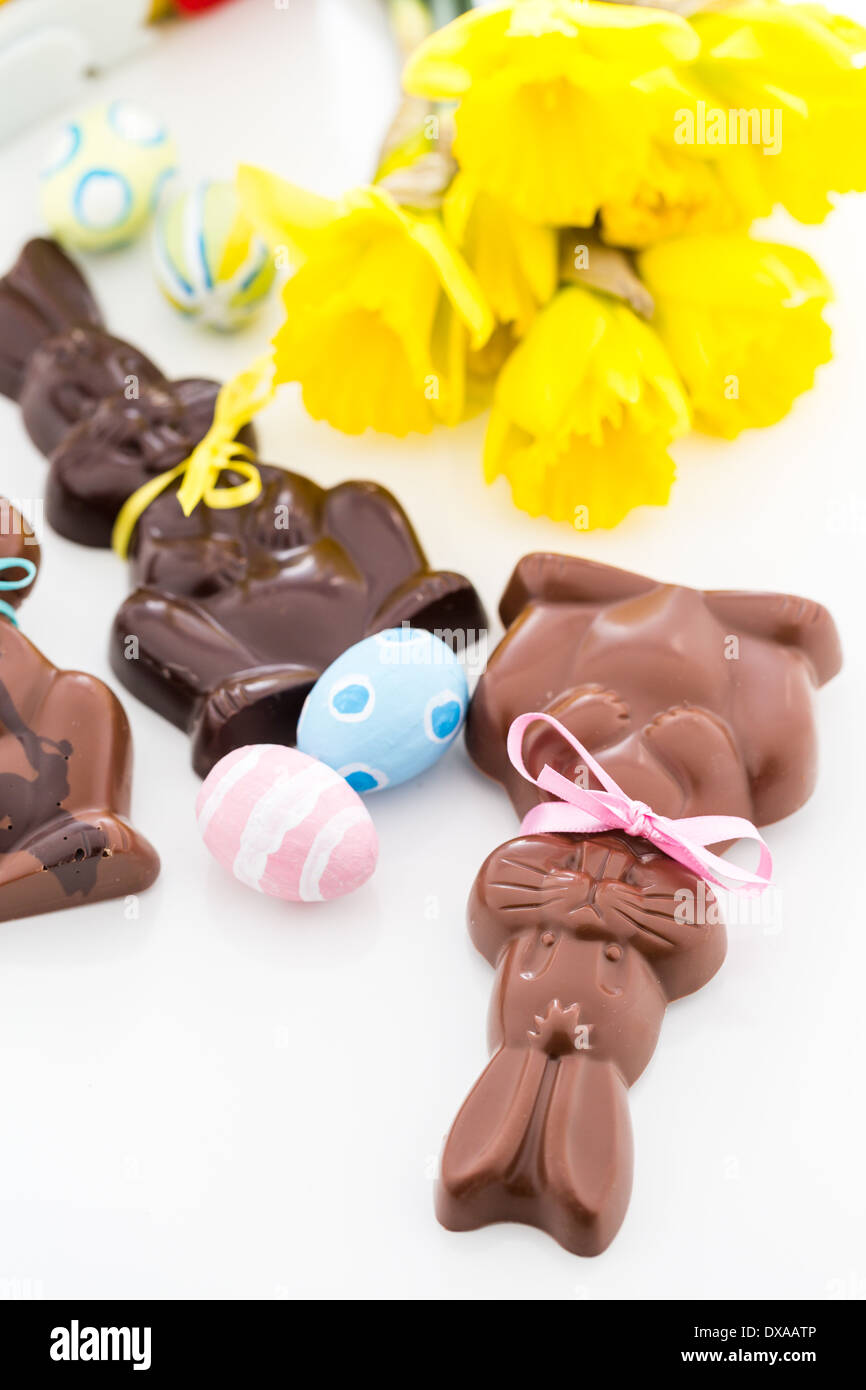 Easter chocolate bunnies made from solid milk and dark chocolate Stock ...