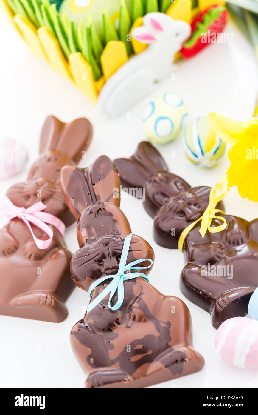 Easter chocolate bunnies made from solid milk and dark chocolate Stock ...