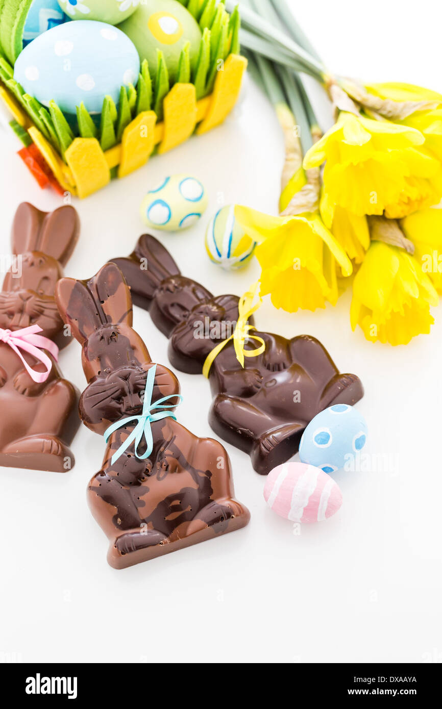 Easter chocolate bunnies made from solid milk and dark chocolate Stock ...