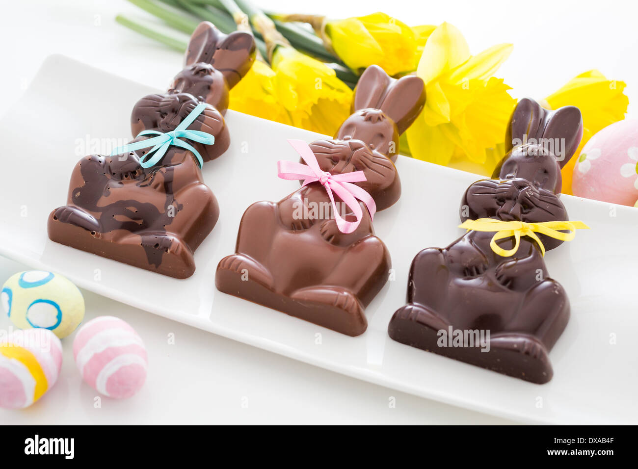 Easter chocolate bunnies made from solid milk and dark chocolate Stock ...