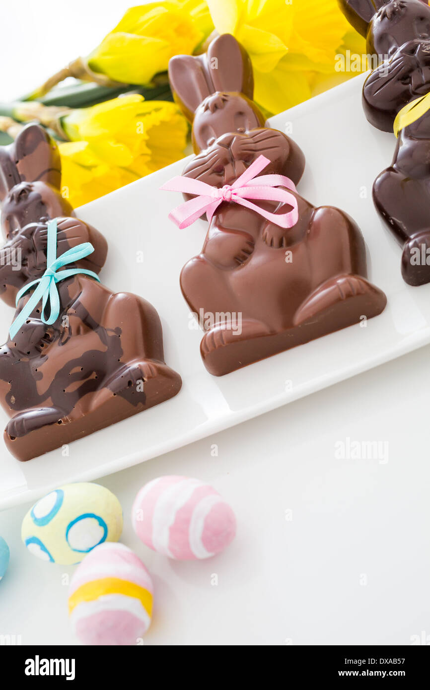 Easter chocolate bunnies made from solid milk and dark chocolate Stock ...