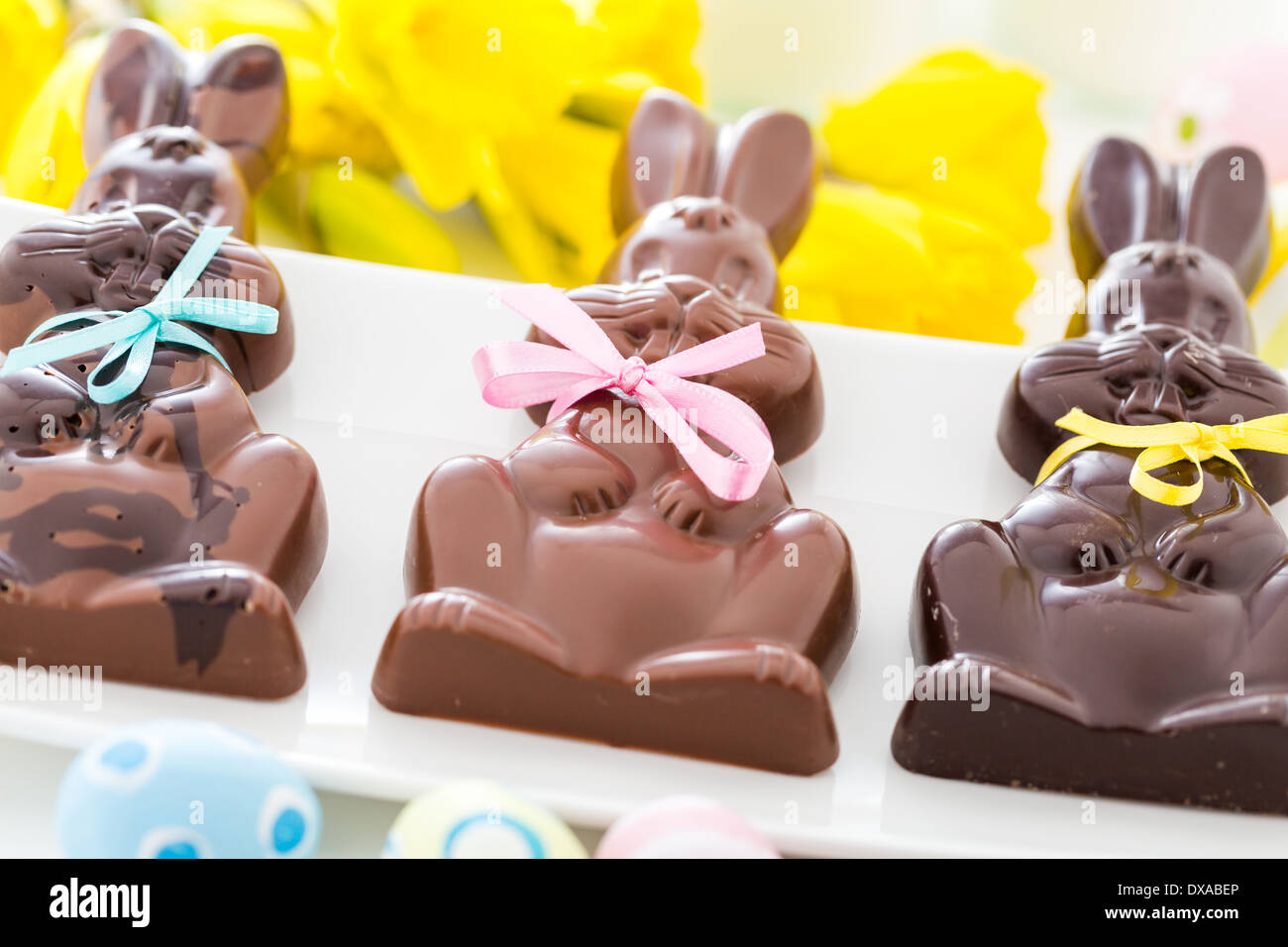 Easter chocolate bunnies made from solid milk and dark chocolate Stock ...