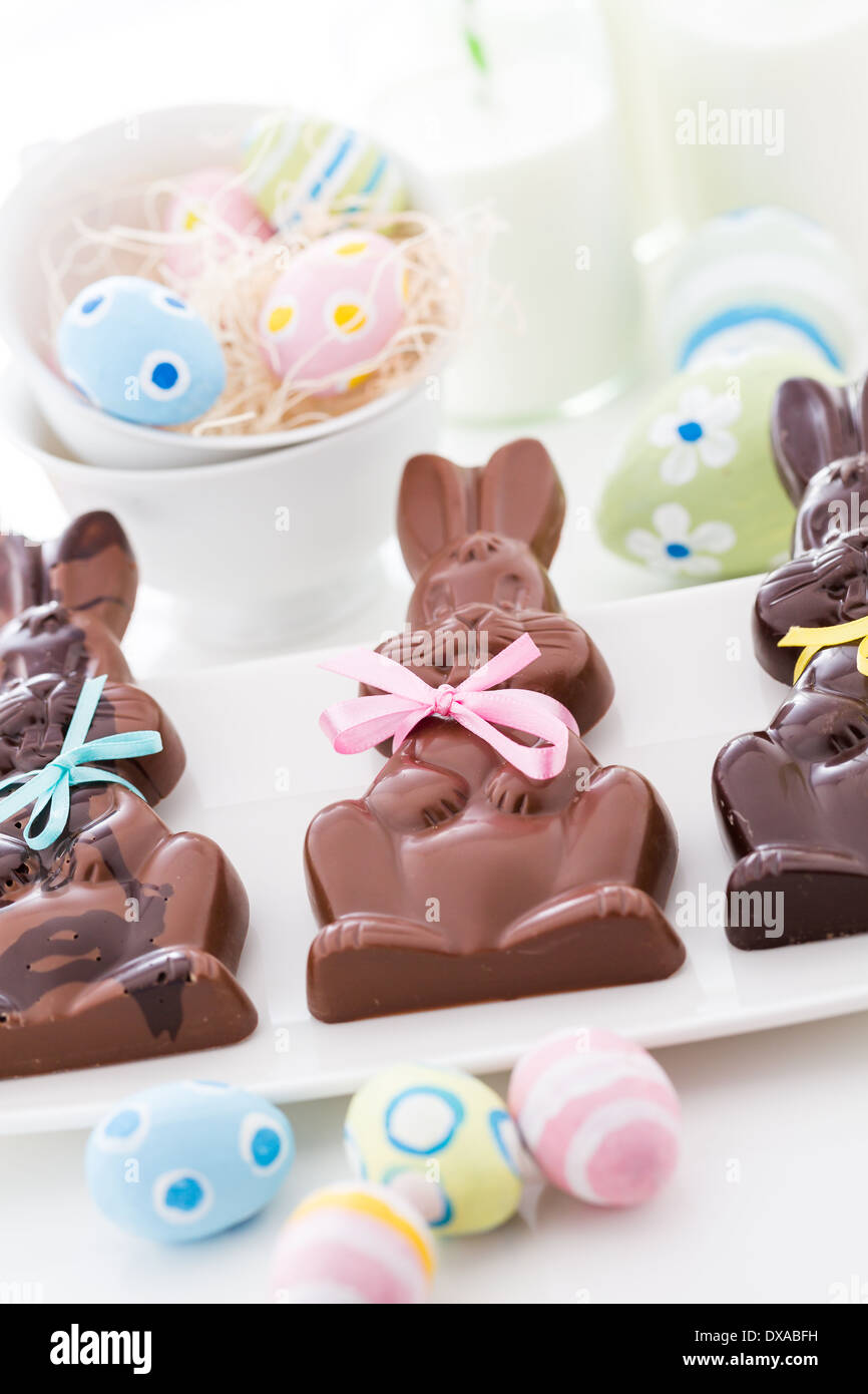 Easter chocolate bunnies made from solid milk and dark chocolate Stock ...