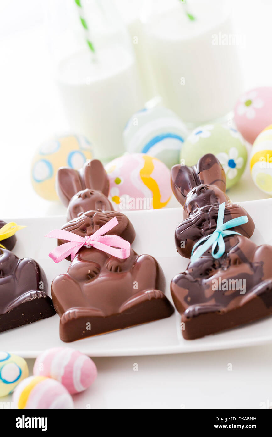 Easter chocolate bunnies made from solid milk and dark chocolate Stock ...