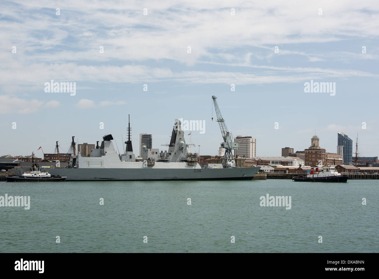 HMS Defender at the Royal Navy base at Portsmouth Harbour, England ...