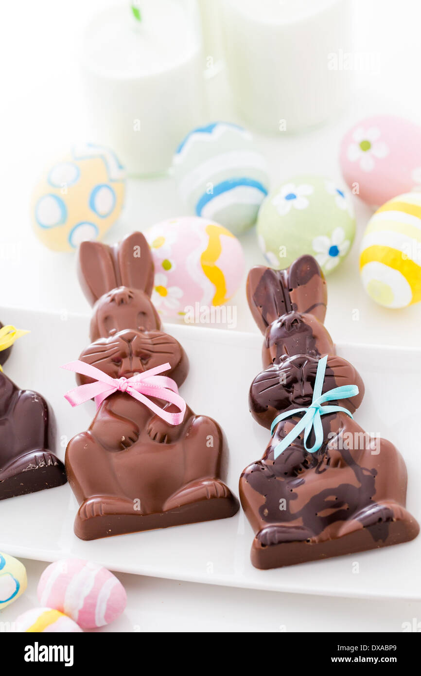 Easter chocolate bunnies made from solid milk and dark chocolate Stock ...