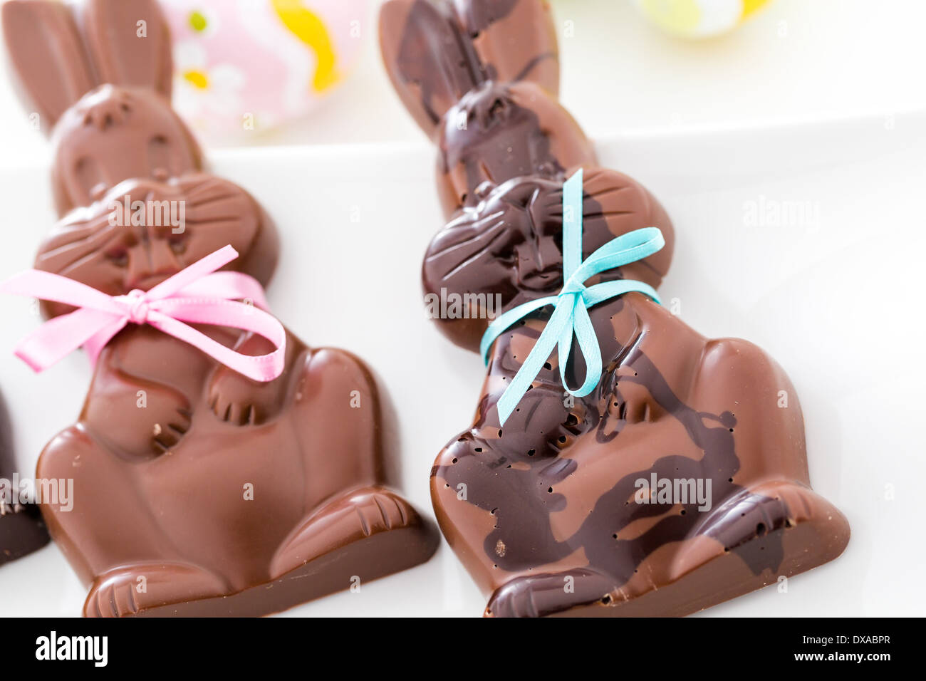 Easter chocolate bunnies made from solid milk and dark chocolate Stock ...
