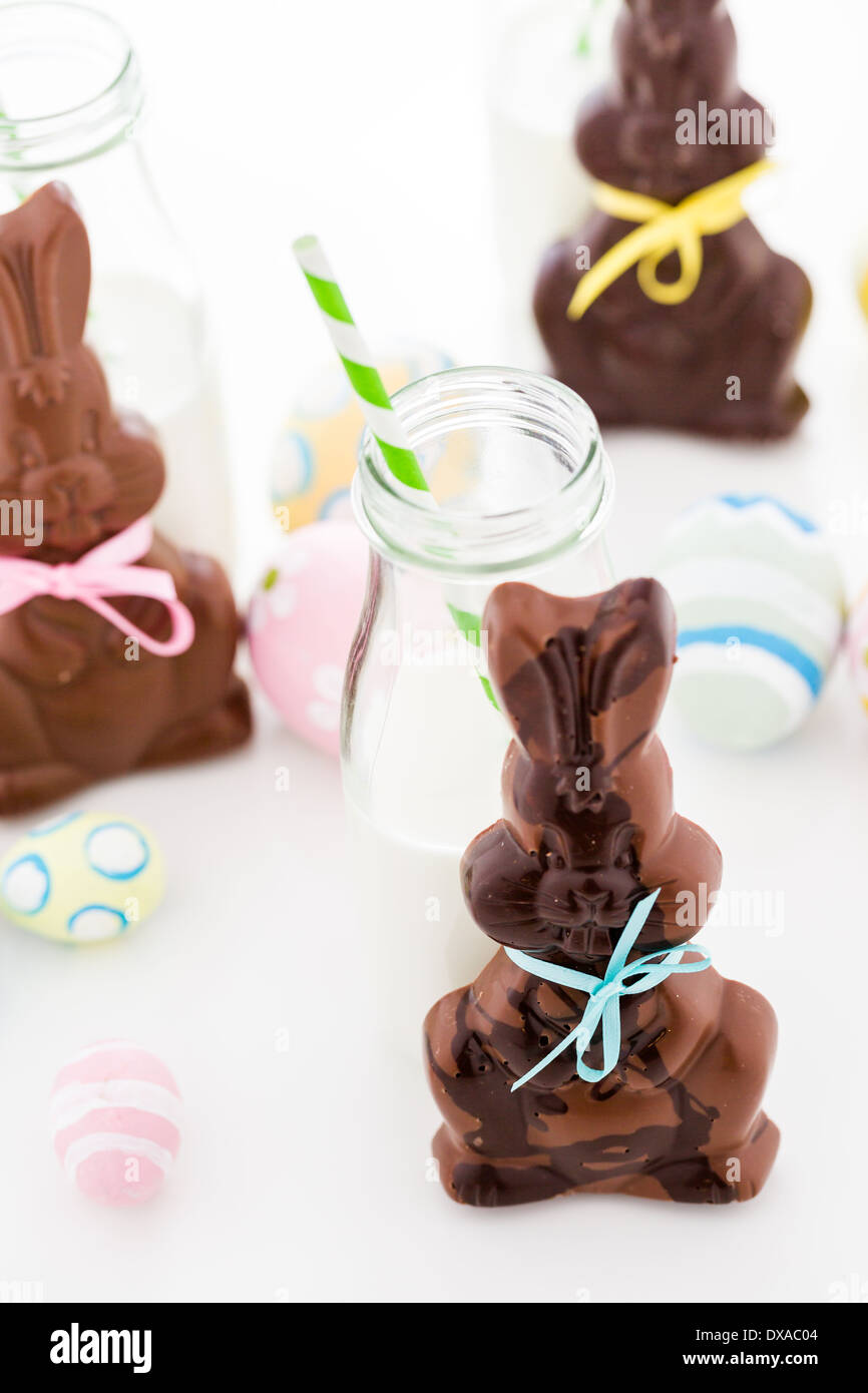 Easter chocolate bunnies made from solid milk and dark chocolate Stock ...