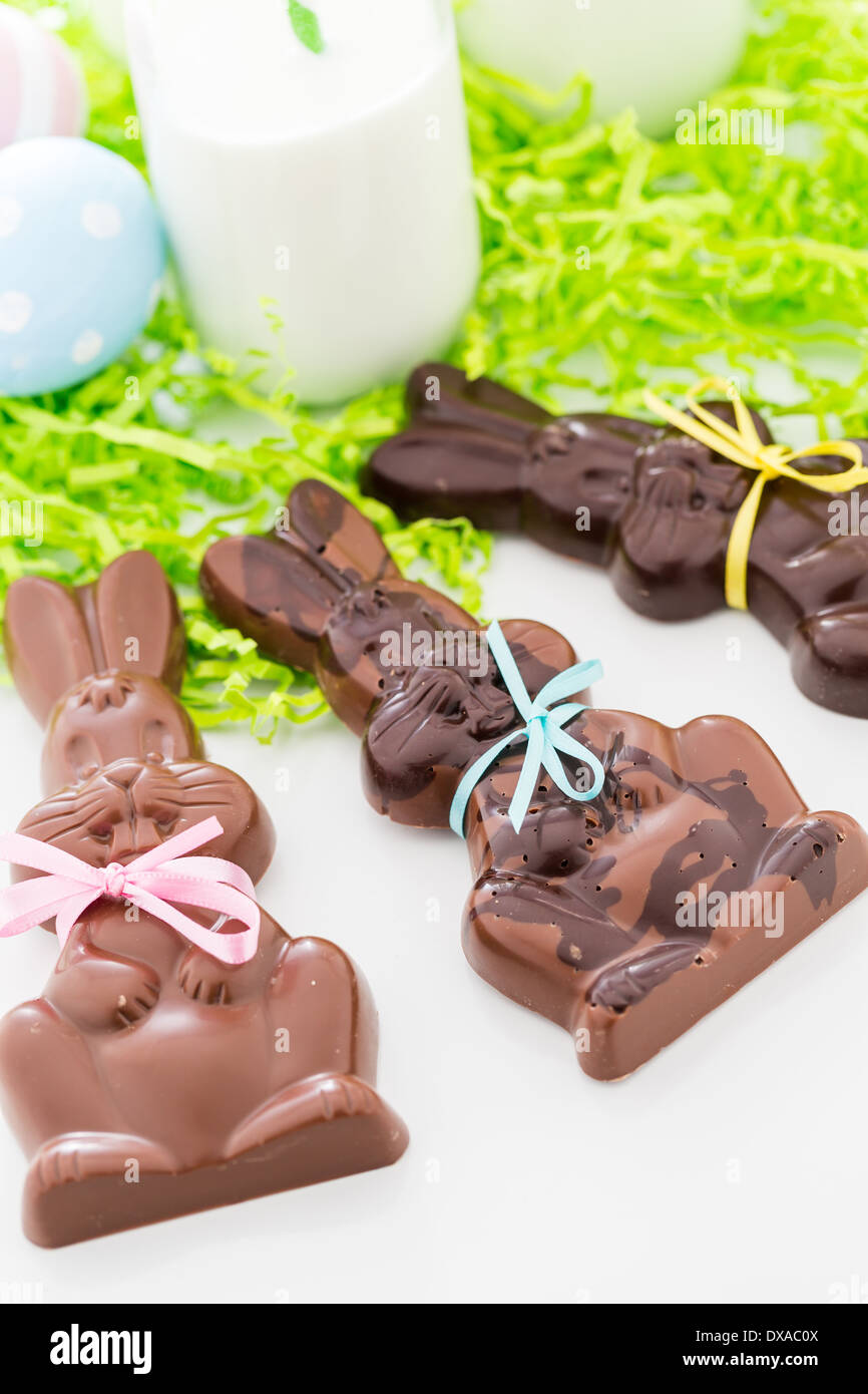 Easter chocolate bunnies made from solid milk and dark chocolate Stock ...