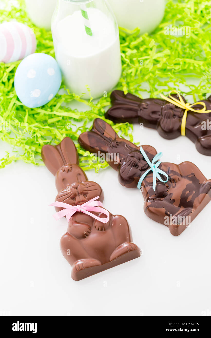 Easter chocolate bunnies made from solid milk and dark chocolate Stock ...