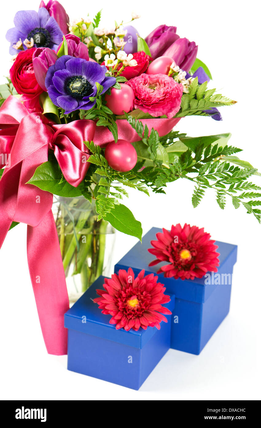 colorful spring flowers with gift box Stock Photo - Alamy
