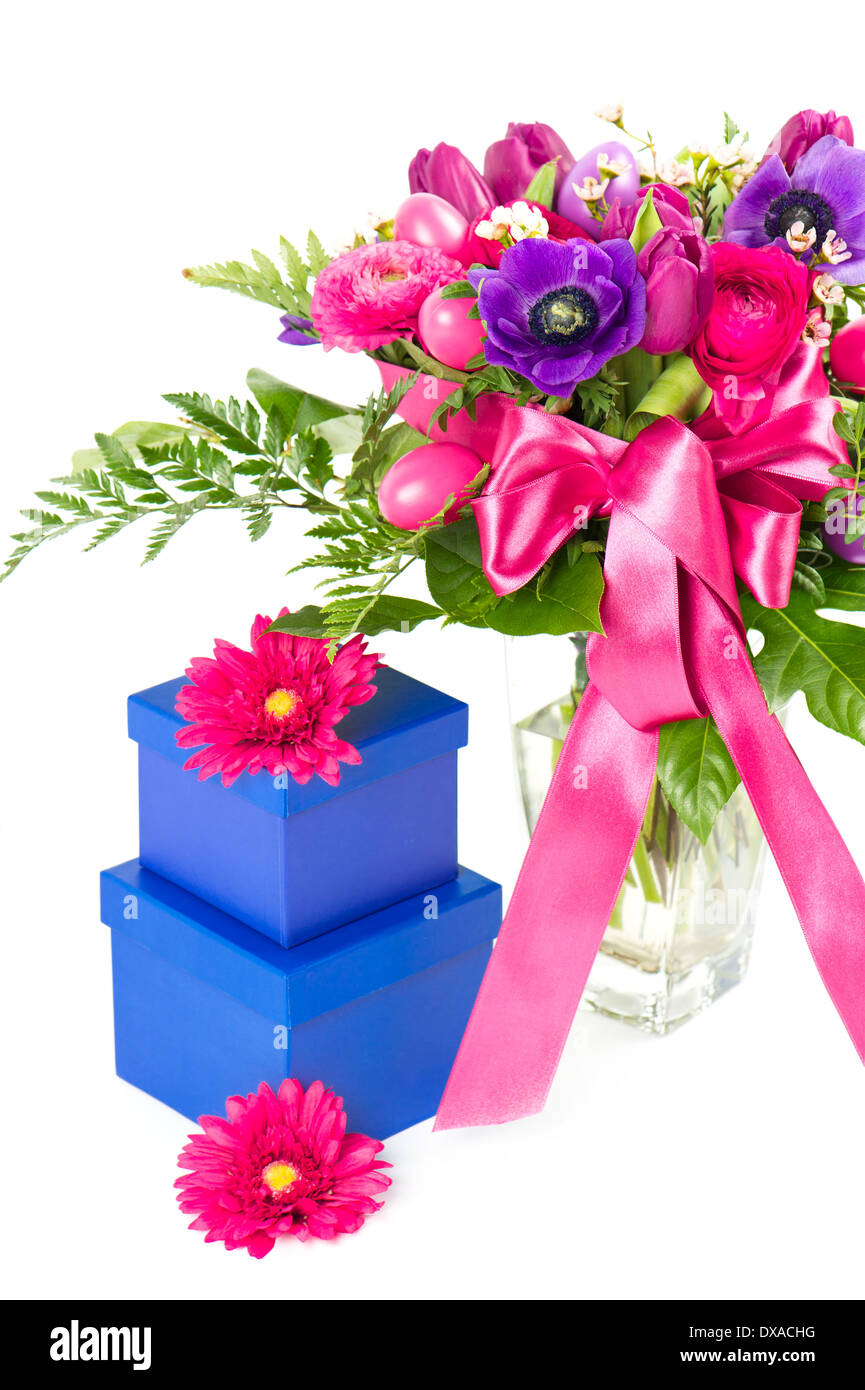 colorful spring flowers with gift box Stock Photo - Alamy