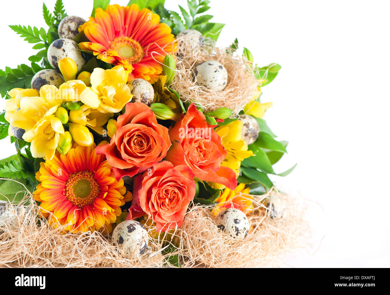 colorful flowers bouquet. roses and gerbera with easter eggs decoration ...