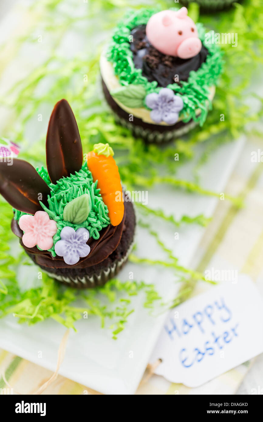 Easter chocolate cupcakes decorated with piggy and bunny ears Stock ...
