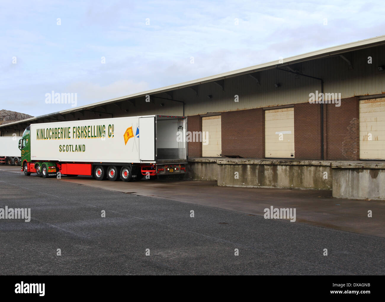 Refrigerated lorry at fish handling depot Kinlochbervie Scotland March ...