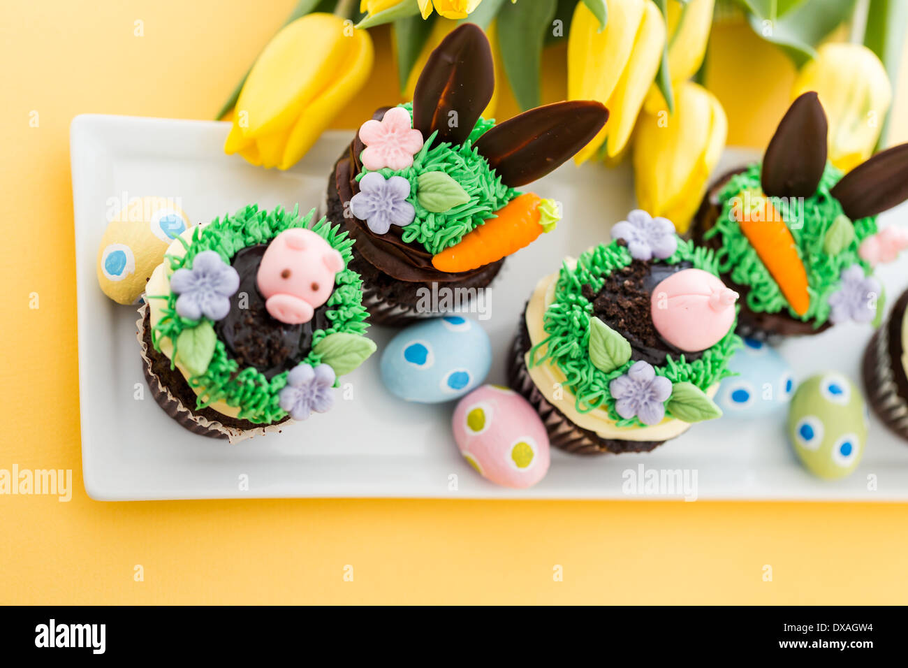 Easter chocolate cupcakes decorated with piggy and bunny ears Stock ...