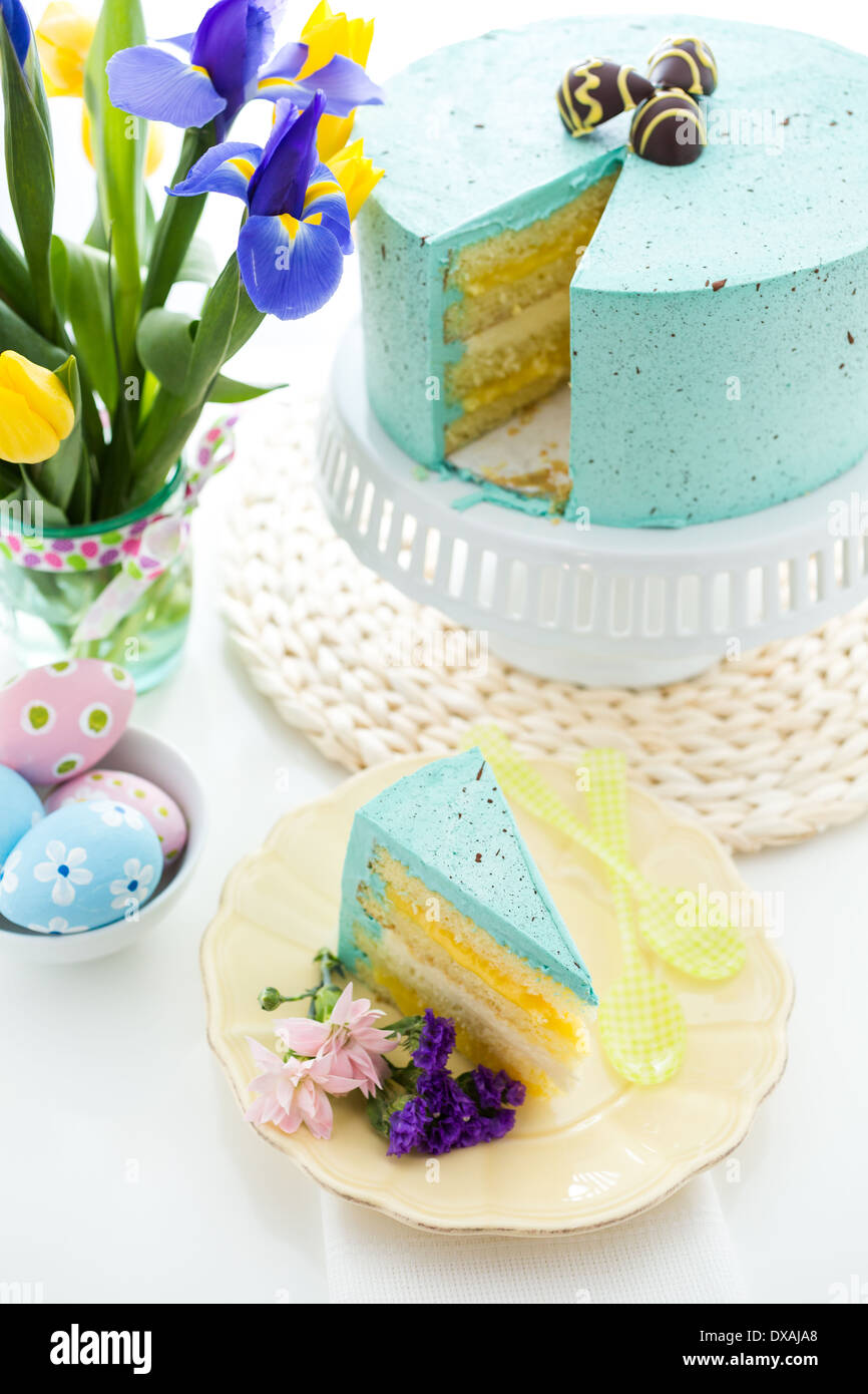Easter Robins egg cake with chocolate speckles and egg truffles Stock ...