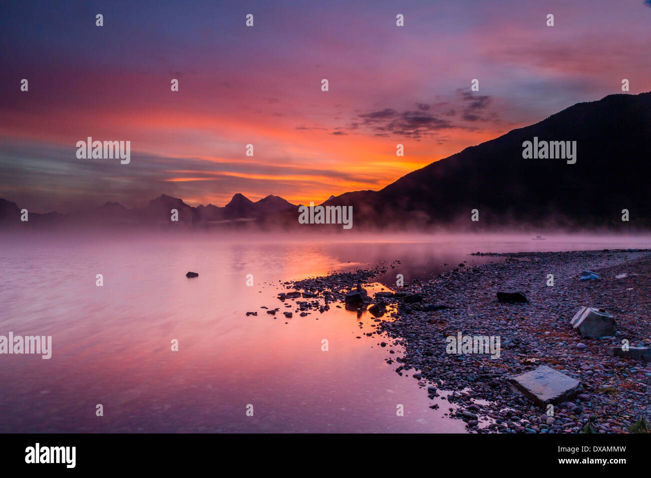 An early fall morning on Lake McDonald in the Glacier National Park in ...