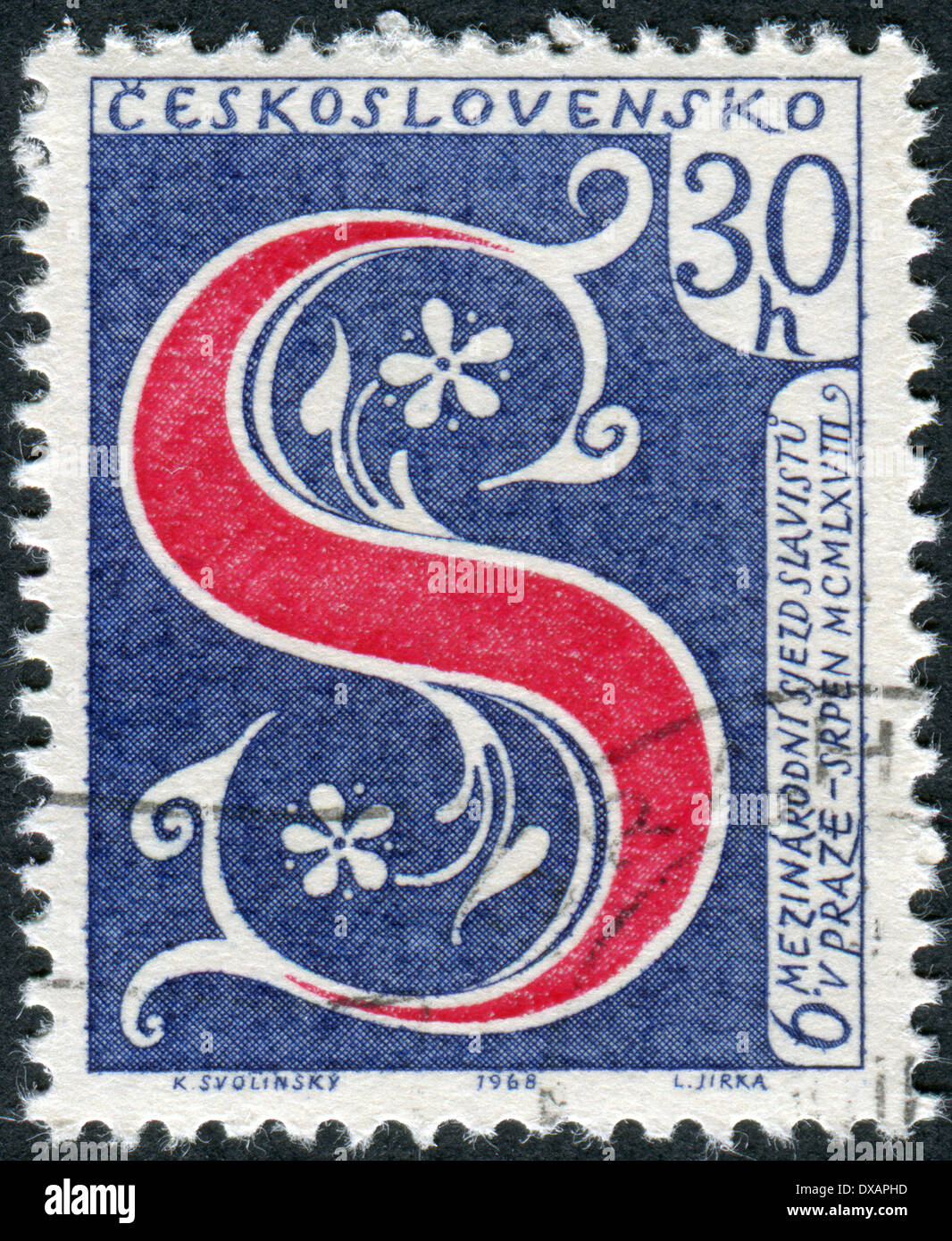 Postage stamp printed in Czechoslovakia, shows the letter S - the ...
