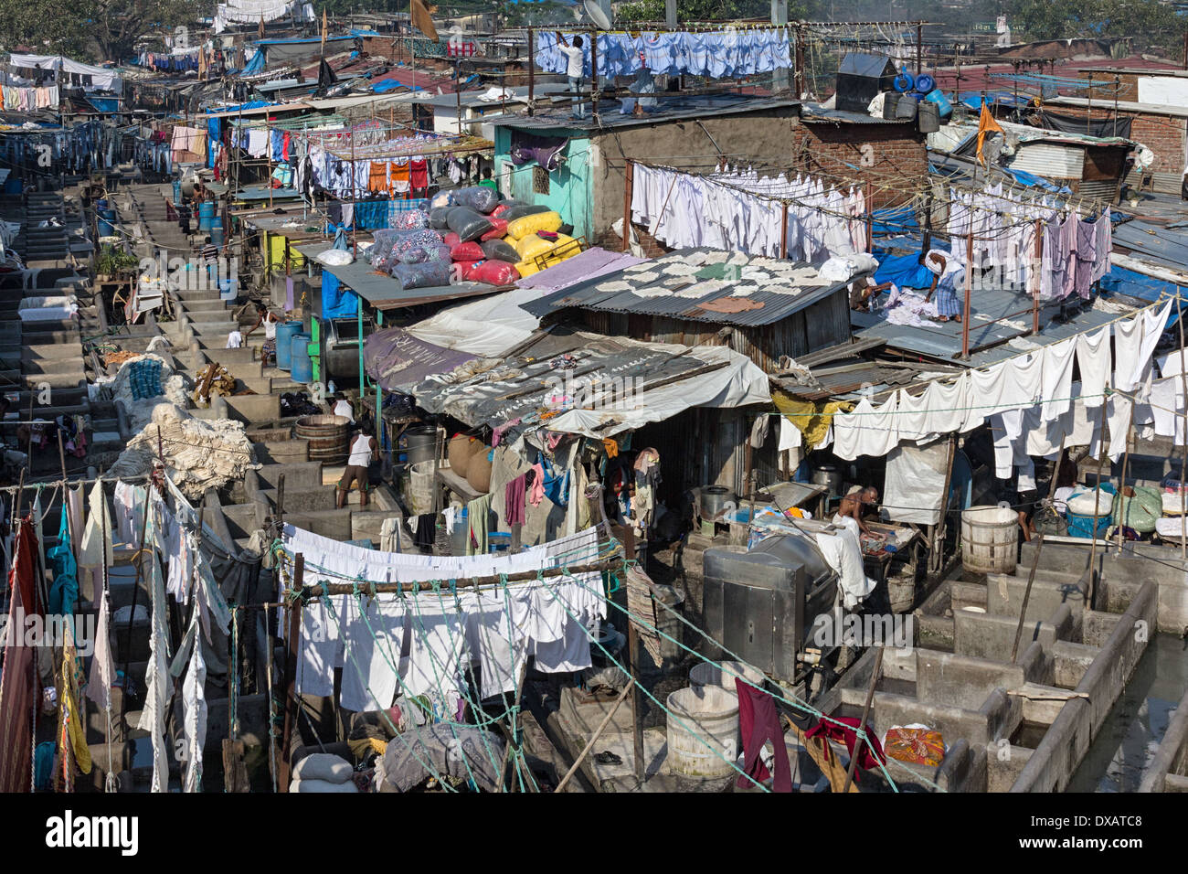 View of Dhobis washing clothes in the outdoor laundry Mahalaxmi Dhobi ...
