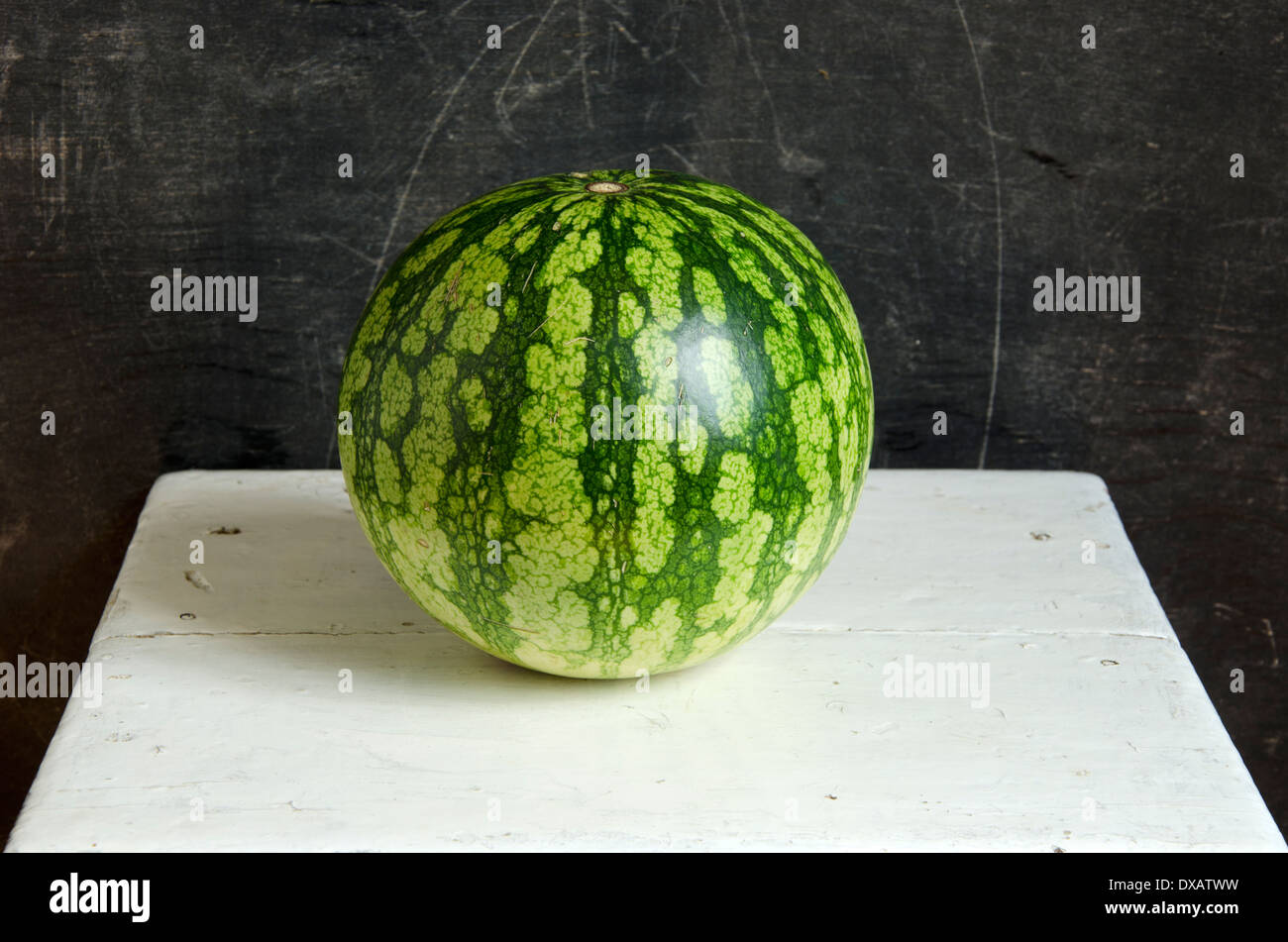 one fresh watermelon on white wooden seat Stock Photo - Alamy