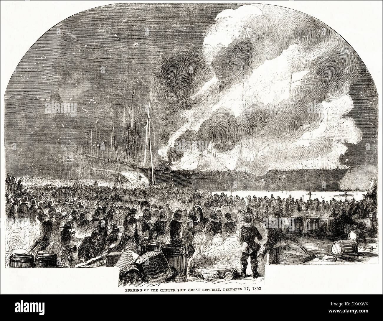 Clipper ship Great Republic on fire in New York harbour 27 December ...