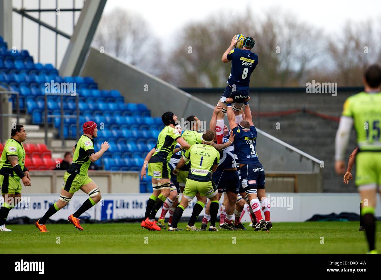 Salford, UK. 22nd Mar, 2014. Sale Sharks number 8 James Gaskell during ...