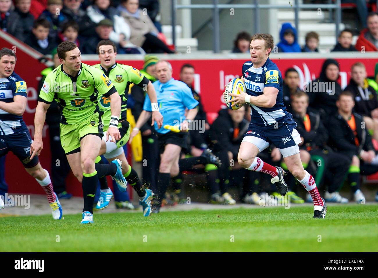 Salford, UK. 22nd Mar, 2014. Sale Sharks scrum-half Dwayne Peel during ...