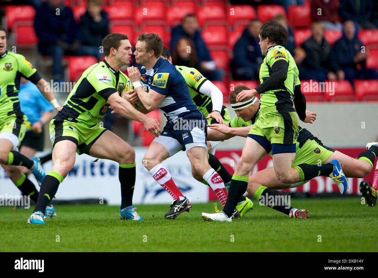 Salford, UK. 22nd Mar, 2014. Sale Sharks scrum-half Dwayne Peel during ...