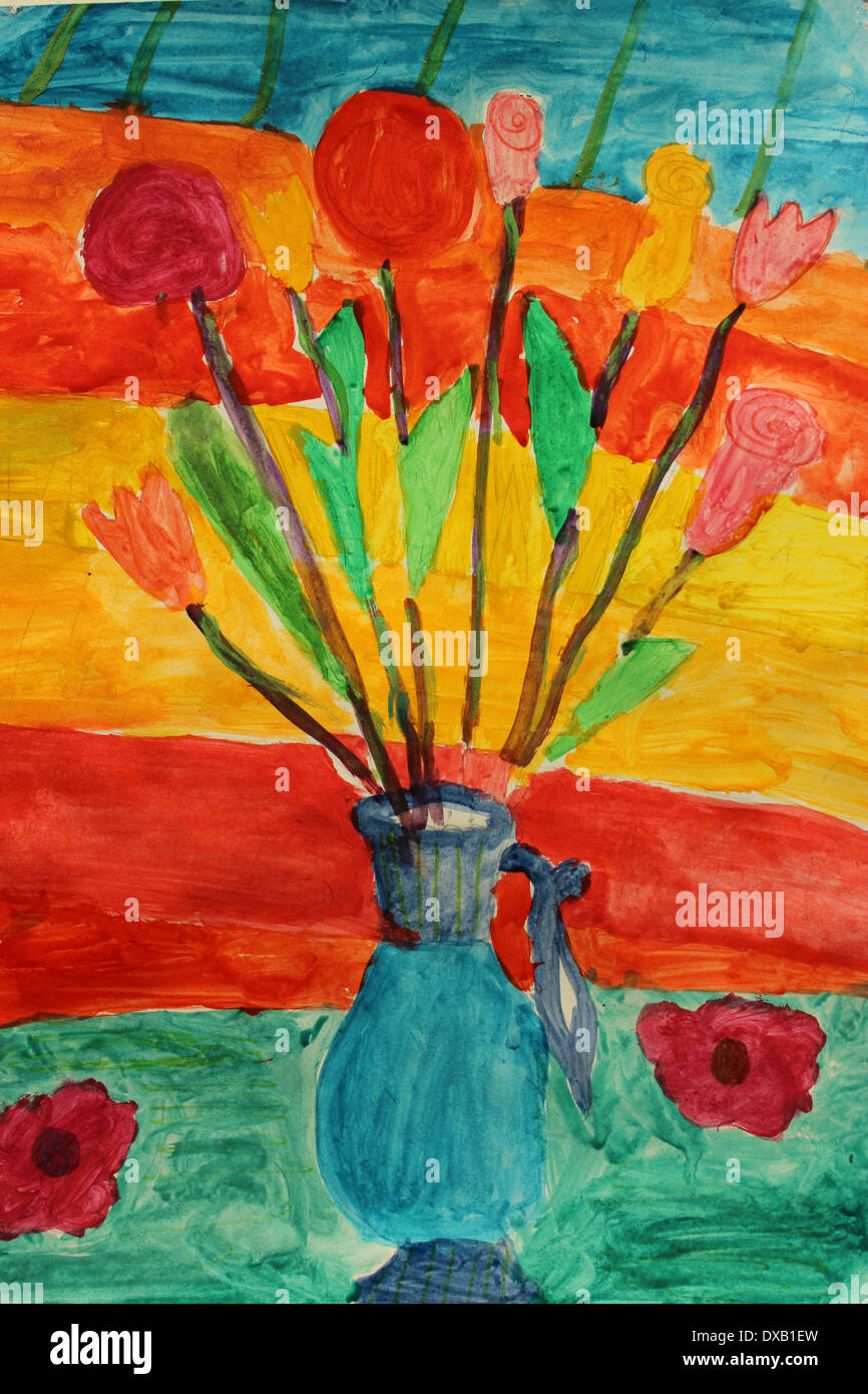 Children's drawing with blue pitcher with flowers on the colorful ...