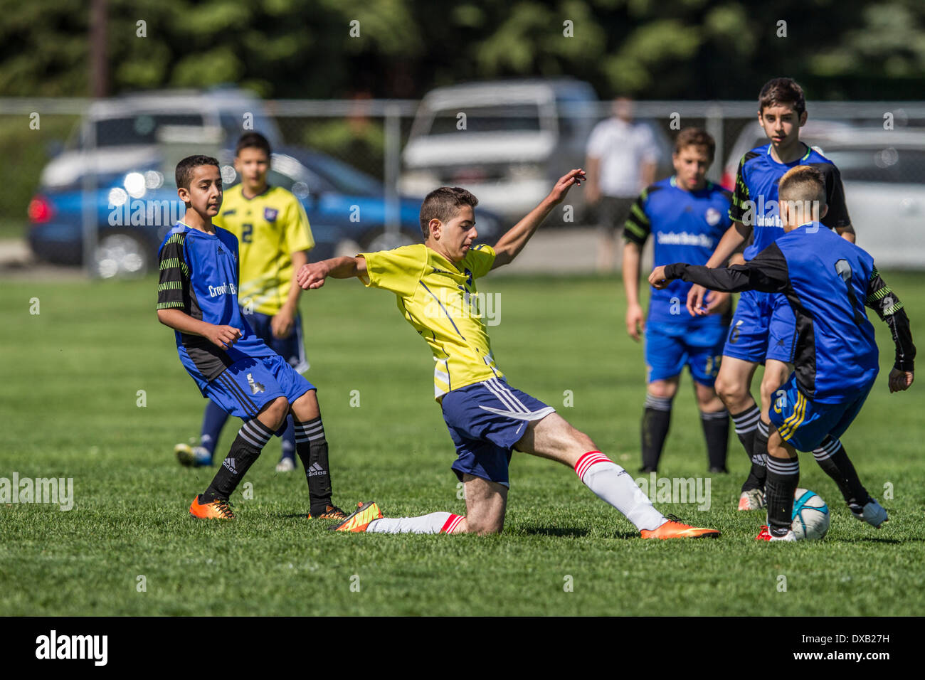 HIgh school boys playing soccer, outdoors Stock Photo - Alamy