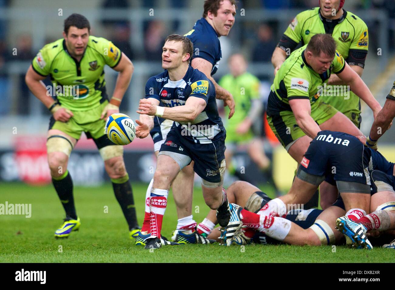 Salford, UK. 22nd Mar, 2014. Sale Sharks scrum-half Dwayne Peel during ...