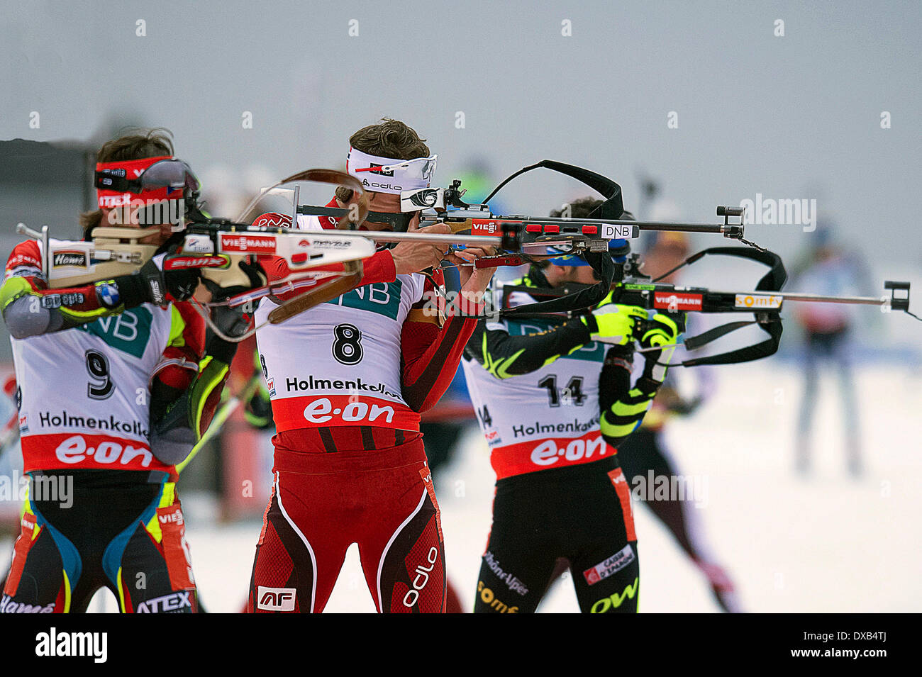 Oslo, Norway. 22nd March 2014. E.ON World Cup Biathlon 2014 L-R Evgeniy ...