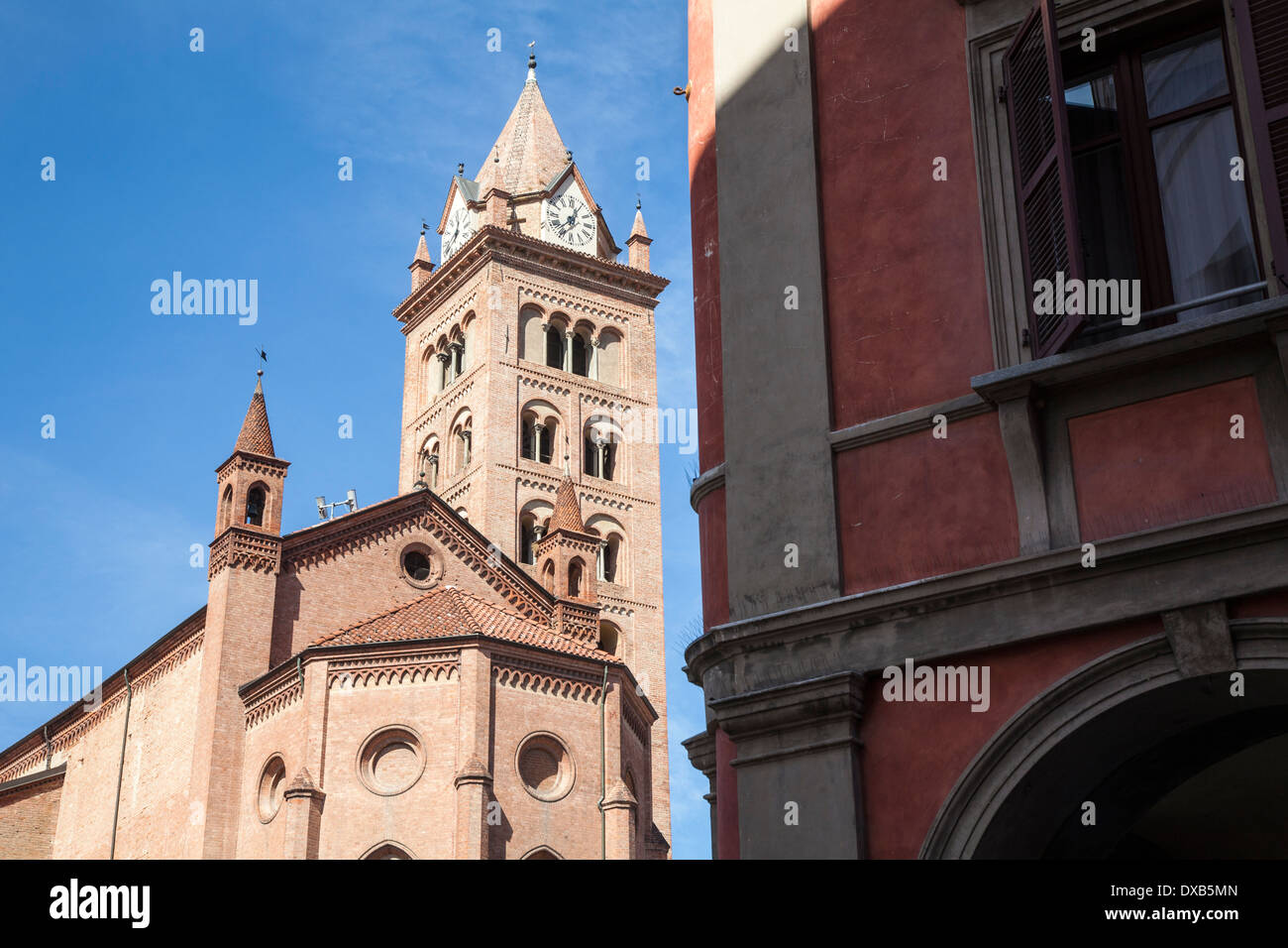 Church with large bell tower in Alba, Italy Stock Photo - Alamy