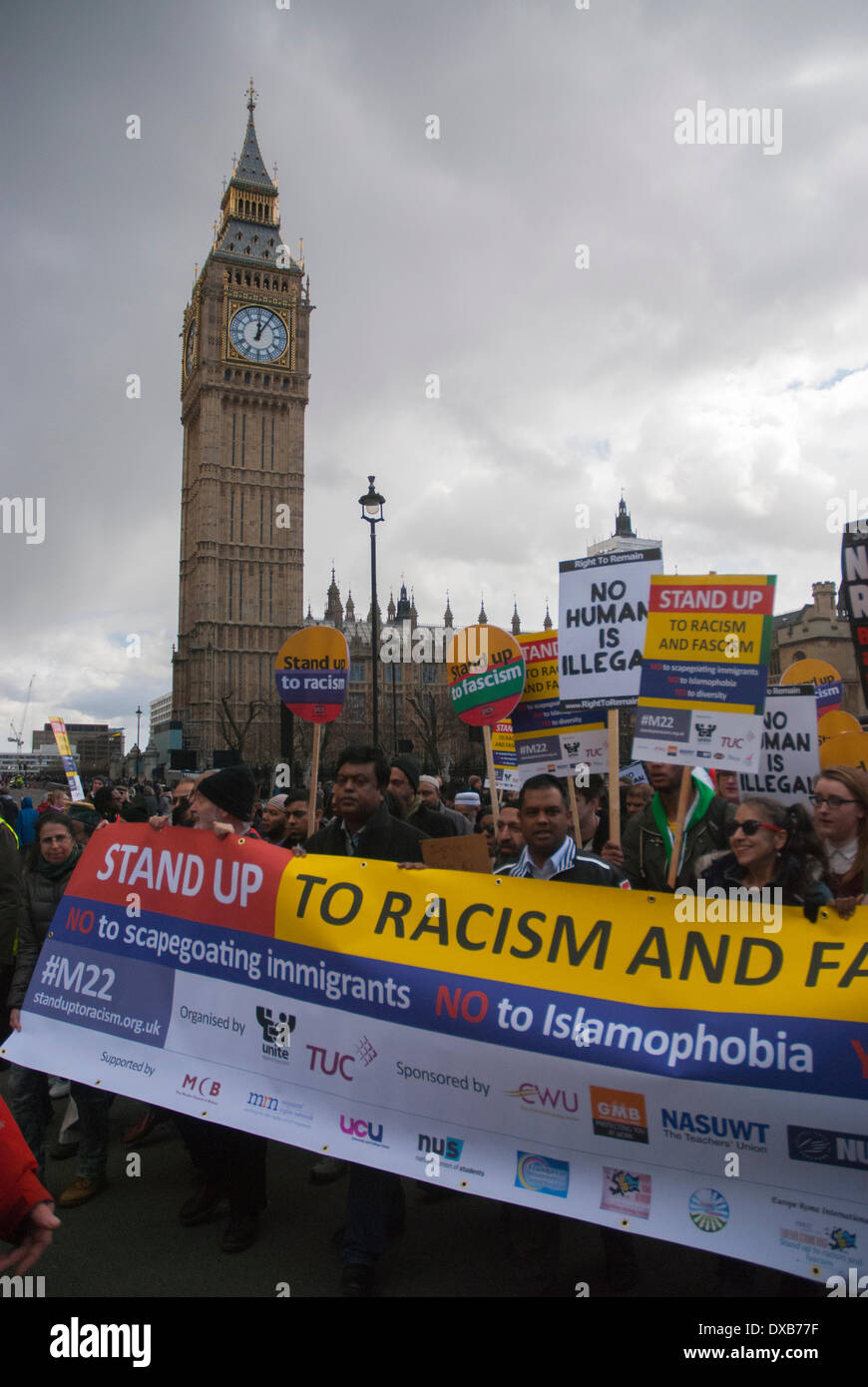 London, UK. 22nd March 2014. The Anti-Racism rally marches past London ...