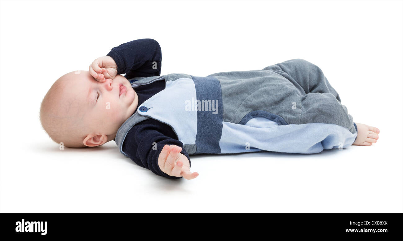 pooped baby isolated on white background. blue clothing. horizontal ...