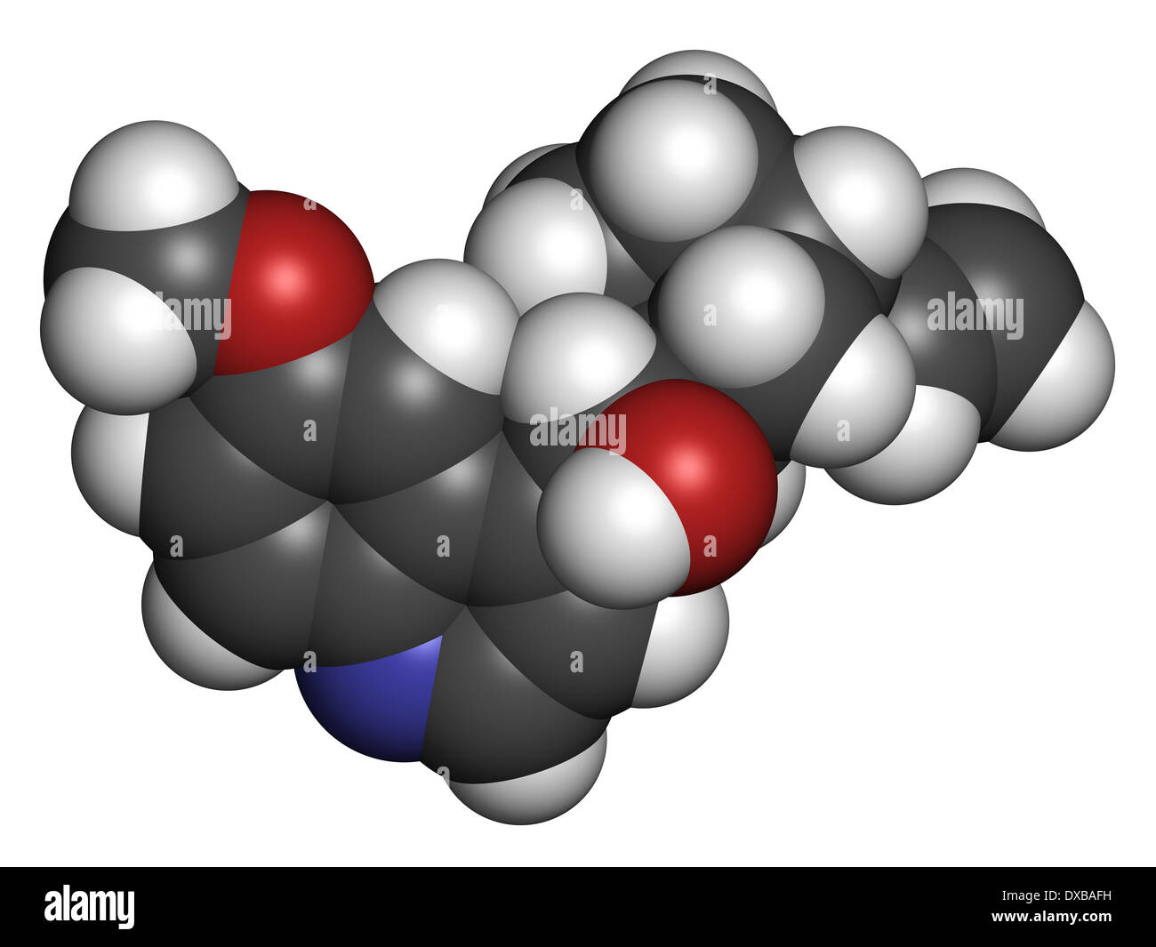 Quinine malaria drug molecule. Isolated from cinchona tree bark. Atoms ...
