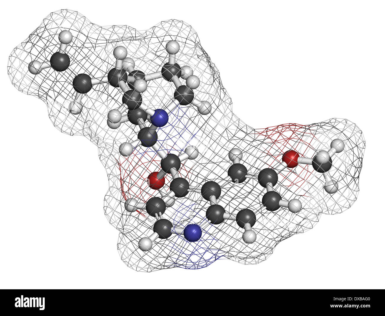 Quinine malaria drug molecule. Isolated from cinchona tree bark. Atoms ...