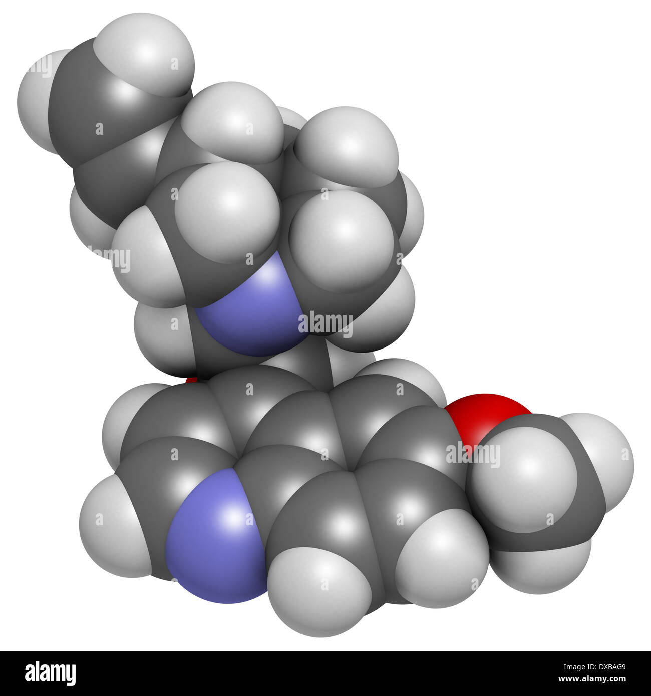 Quinine malaria drug molecule. Isolated from cinchona tree bark. Atoms ...