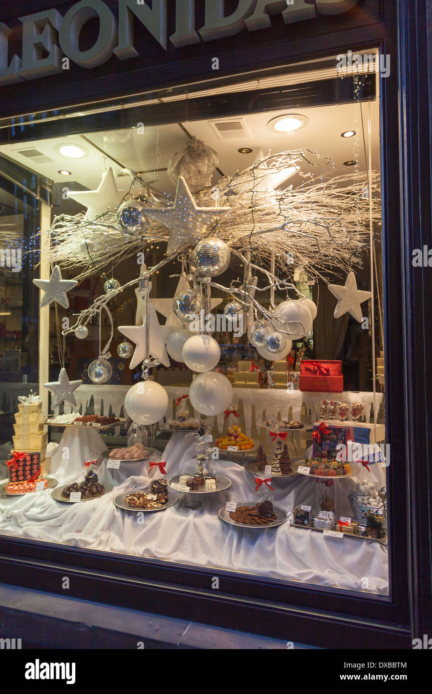 Christmas decorations in the window of chocolatier, Strasbourg, France ...
