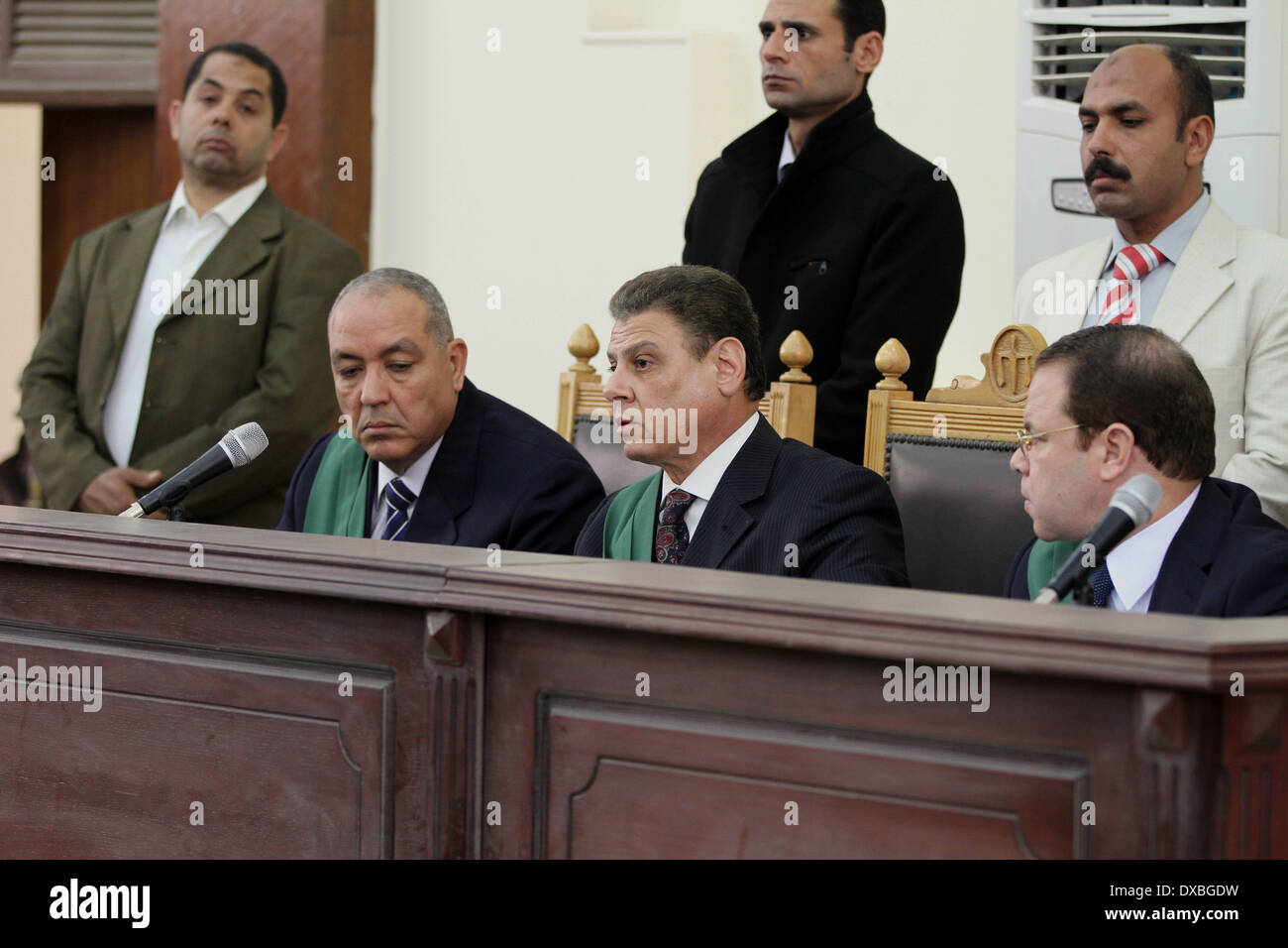 Cairo, Egypt. 23rd Mar, 2014. Egyptian judges attend the trial of ...