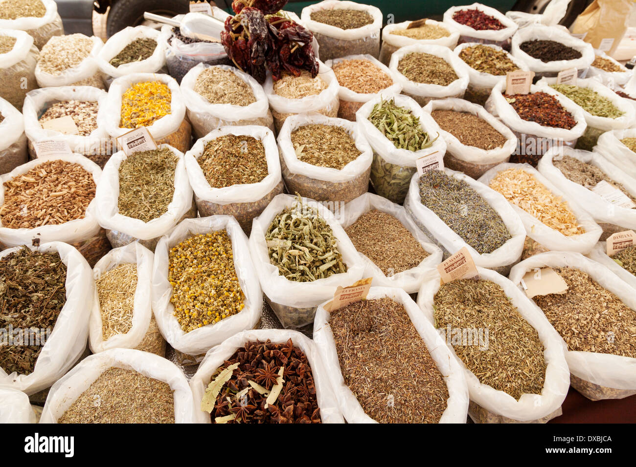 Herbs and spices for sale in a Spanish village market, Villaricos ...