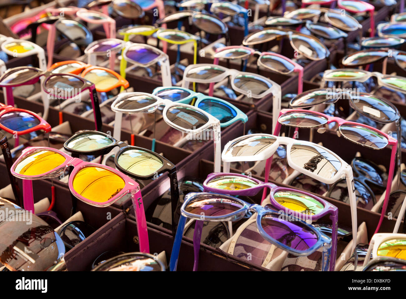 Colorful sunglasses for sale in a spanish village market, Villaricos ...