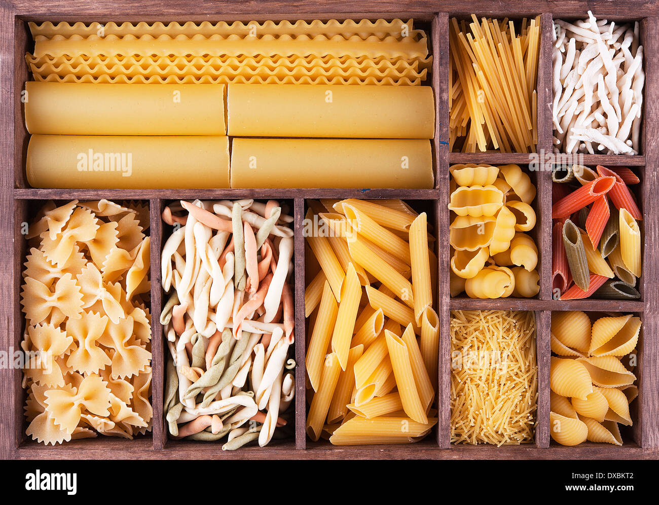 Big Italian pasta collection in wooden box Stock Photo - Alamy