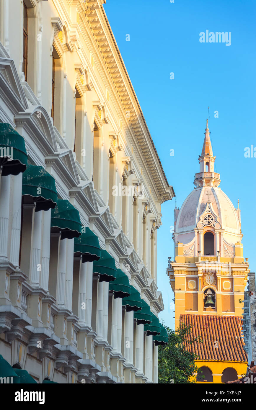 Spire of the cathedral in Cartagena, Colombia with a white historic ...