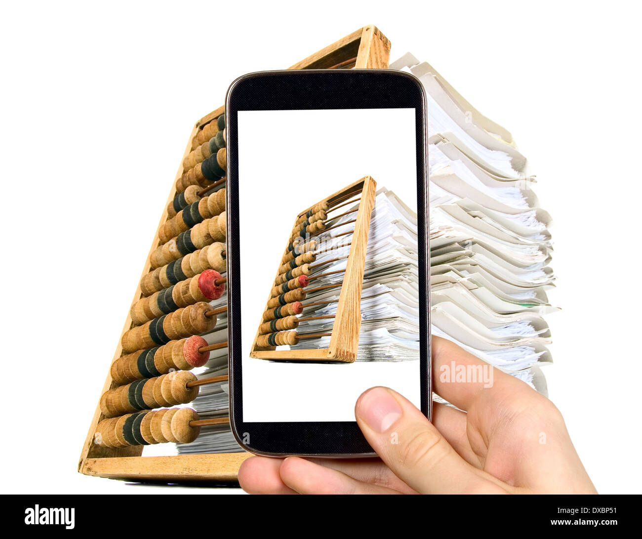 Man is taking photo of documents and abacus with smart mobile phone ...