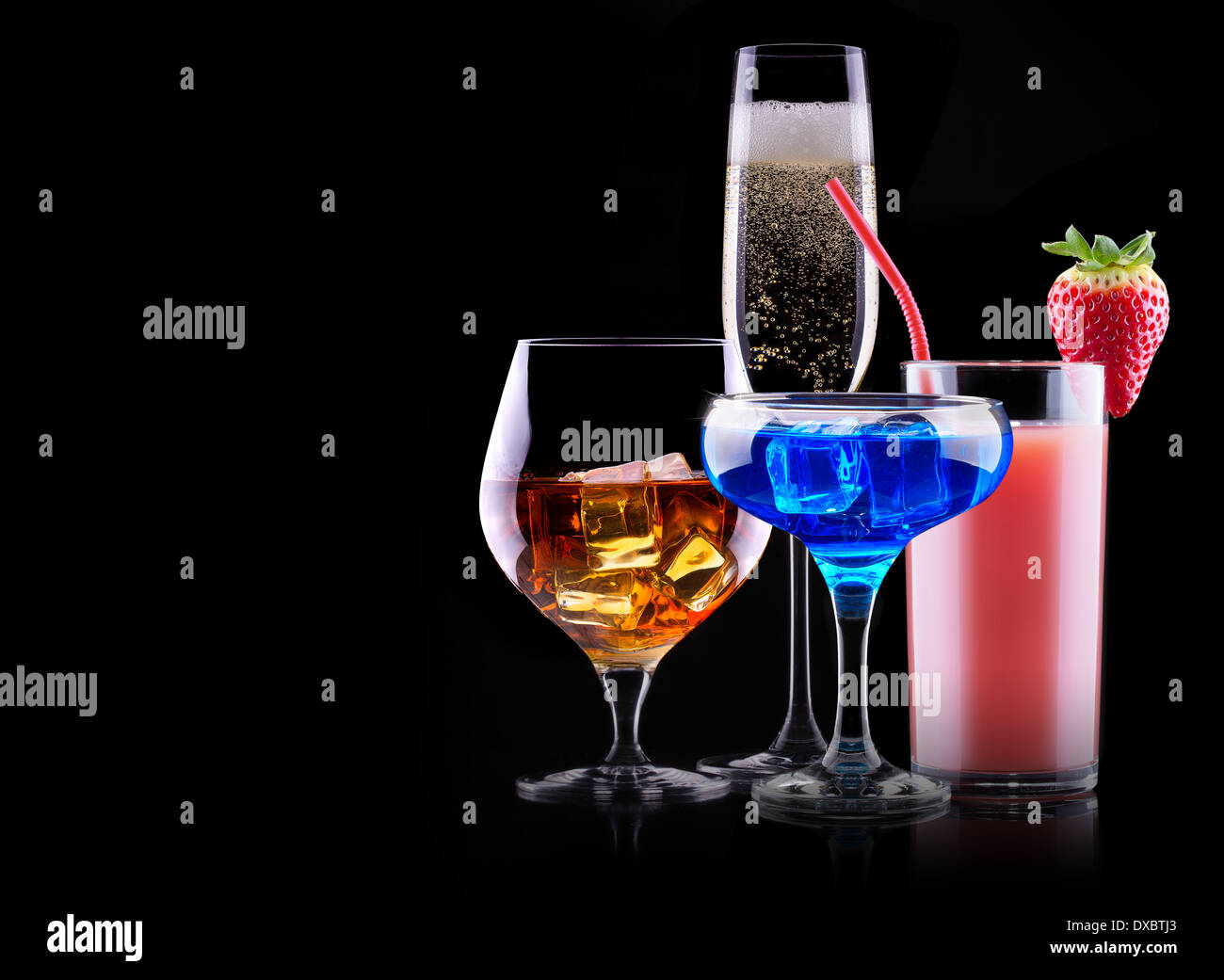 different alcohol drinks set - beer, wine, cocktail,juice, champagne ...