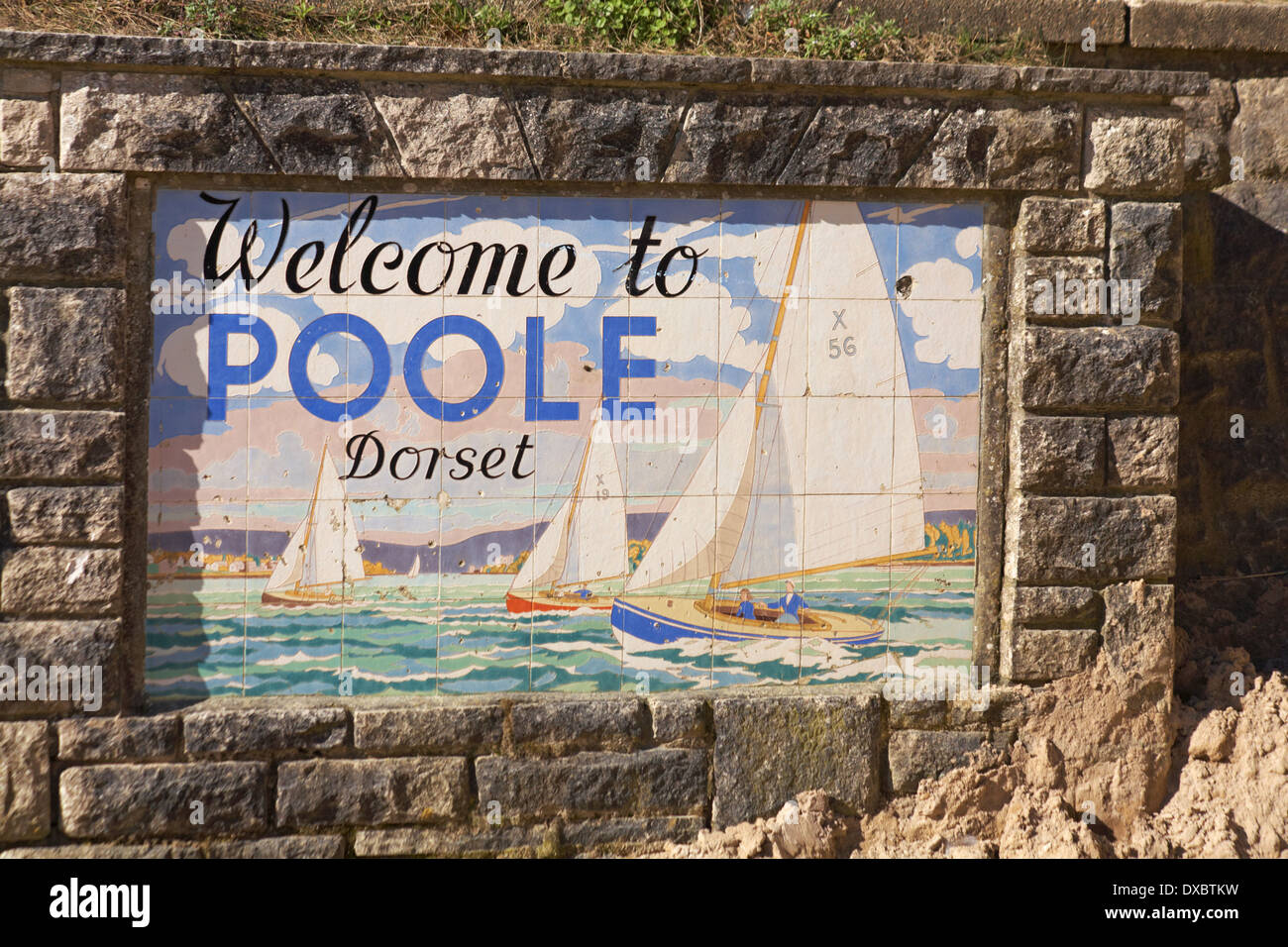 Welcome to Poole Dorset tiled sailing scene sign on beach promenade ...