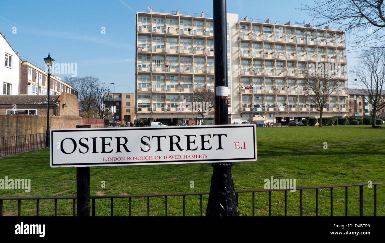 Block of flats and Osier Street sign near Cephas Avenue in BETHNAL ...